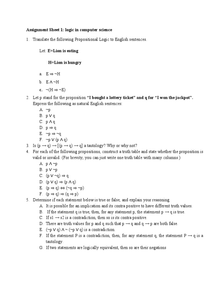 Assignment Sheet 1 | PDF | Logic | Contradiction