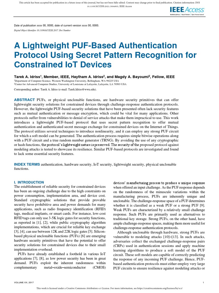 A Lightweight Puf Based Authentication Protocol Using Secret Pattern Recognition For