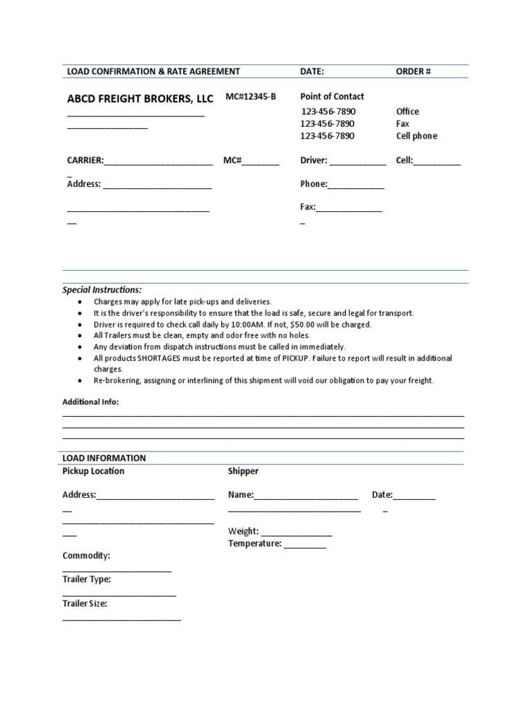 Freight Load Confirmation & Rate Agreement | PDF | Cargo | Freight ...