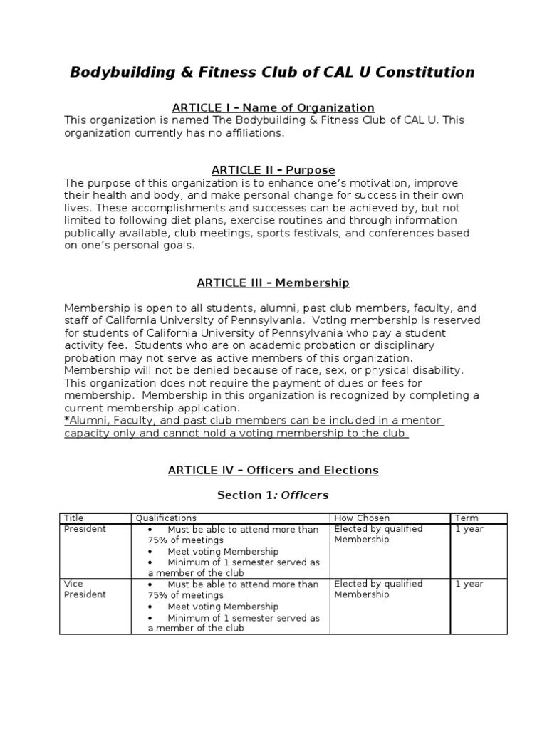 Bodybuilding and Fitness Club Constitution | PDF | Committee | Secretary