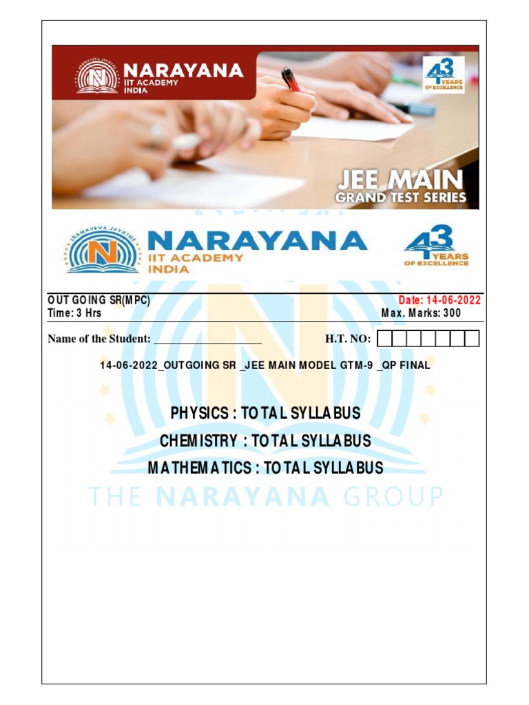 Narayana 14-06-2022 Outgoing SR Jee Main Model GTM 9 QP Final | PDF | Rotation Around A Fixed ...