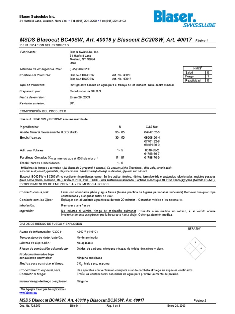 Blaser MSDS-BC40SW-BC20SW - Es | PDF | Administración de Seguridad y ...