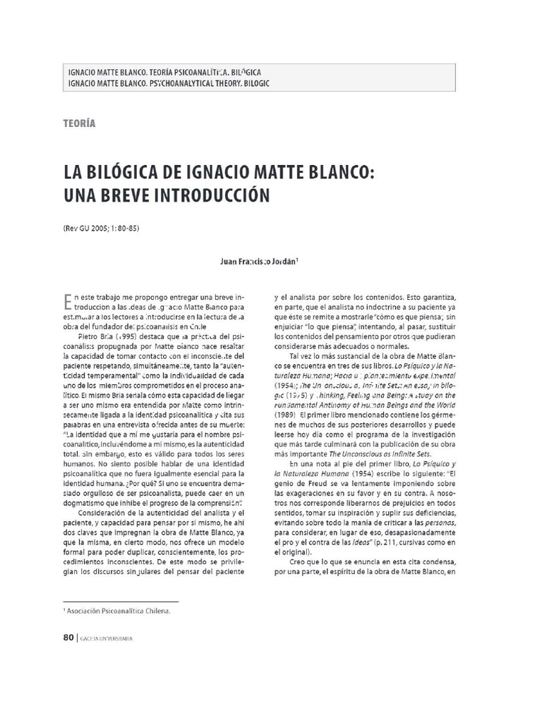 Jordan - La Bilógica de Ignacio Matte Blanco-Una Breve Introducción | PDF