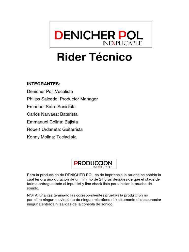 Ejemplo Rider Técnico Denicher Pol Tour Venezuela 2022 | PDF ...