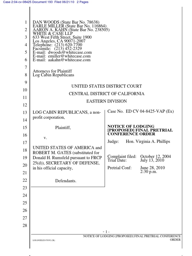 Notice of Lodging (Proposed) Final Pretrial Conference Order | PDF | Don't Ask | Standing (Law)