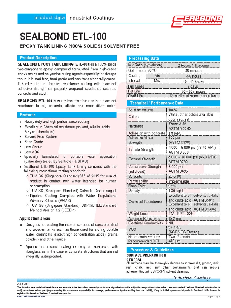 Sealbond ETL 100 Epoxy Tank Lining | PDF | Epoxy | Concrete