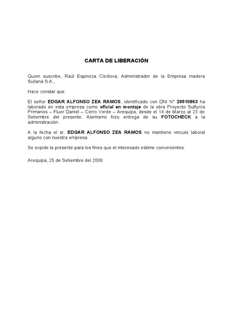 Carta de Liberación | PDF