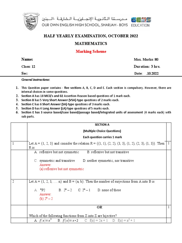 12 Half Yerly Examination - Marking Scheme | PDF | Area | Function ...