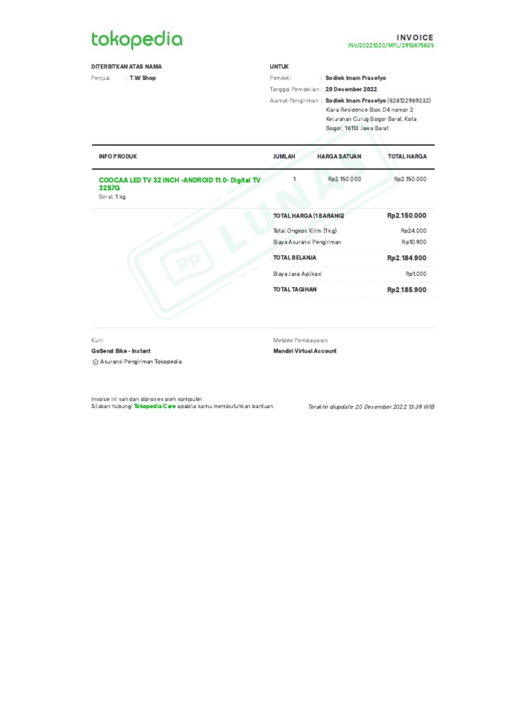 Invoice Pembelian TV di Tokopedia | PDF