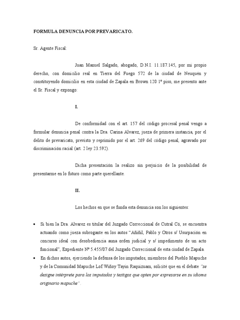 Formula Denuncia Por Prevaricato | PDF | Constitución | Ley procesal