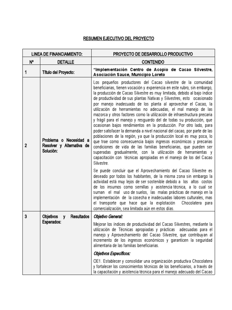 Resumen Ejecutivo Proyecto Cacao Beni-1 | PDF | Economias