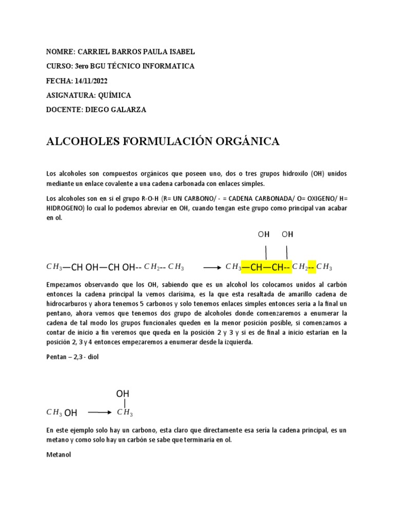 Alcoholes Formulación Orgánica | PDF | Metano | Química Orgánica