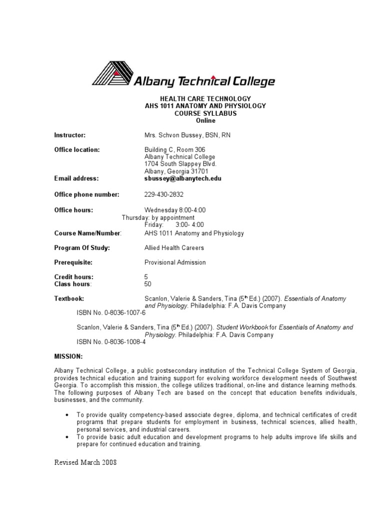 AHS 101 Anatomy and Physiology Syllabus | PDF | Human Body | Urinary System