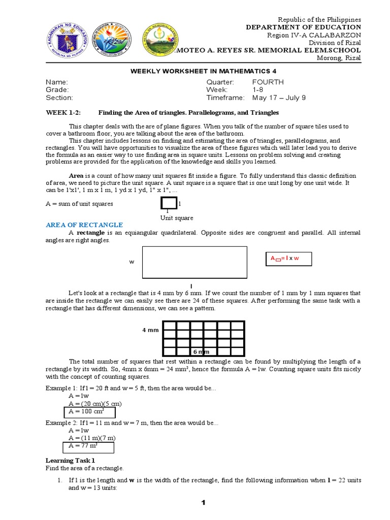 Quarter 4-Math 4 | PDF | Area | Rectangle
