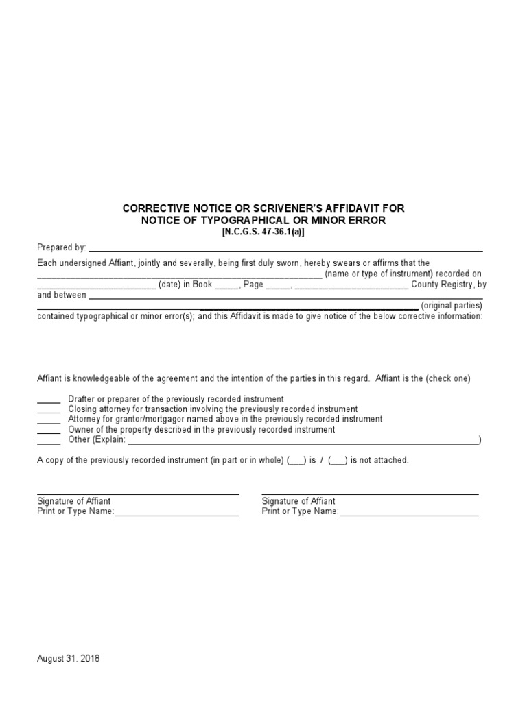 Affidavit - Corrective Notice of Typo or Minor Error - Gs 47-36.1 (A) | PDF