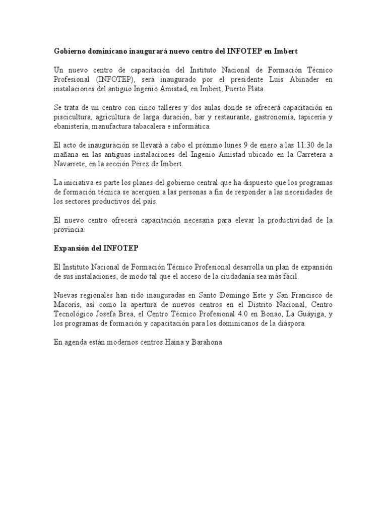 Gobierno Dominicano Inaugurará Nuevo Centro Del INFOTEP en Imbert | PDF