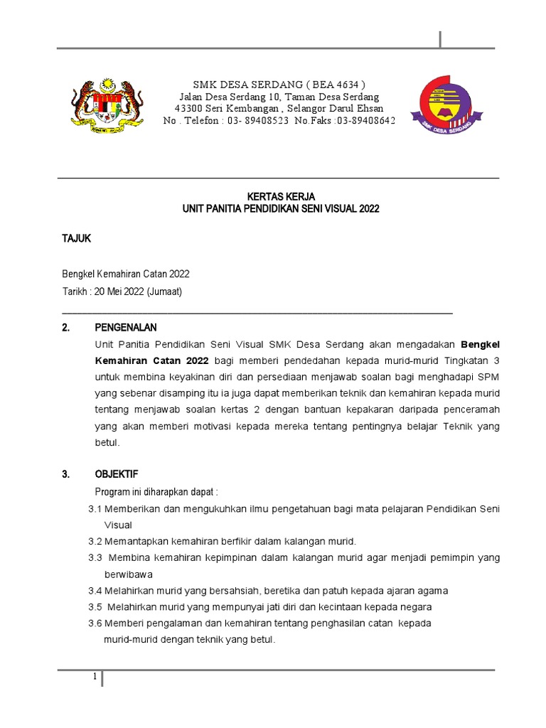 Proposal Bengkel Kemahiran Catan SMK Desa Serdang 2022 | PDF