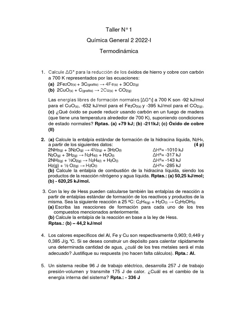 Taller #1 QG2 2022-I | PDF | Entalpía | Hidróxido de sodio