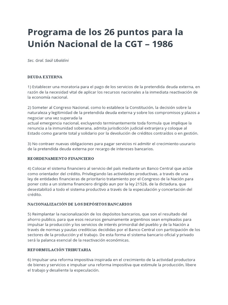 Programa de Los Puntos para La Unión Nacional de La CGT | PDF | Bancos | Deuda