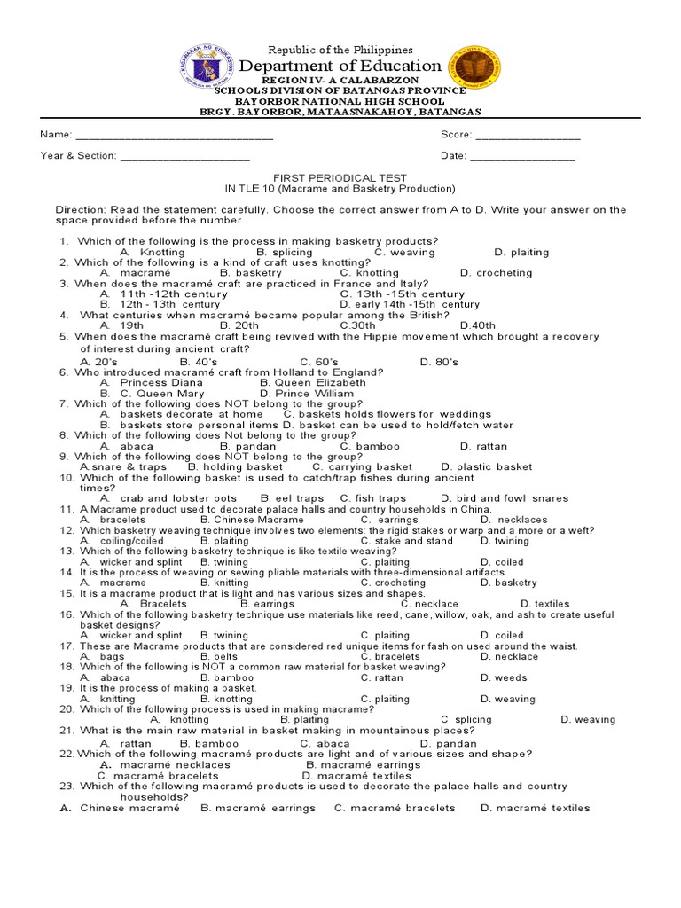 1st Quarterly Exam | PDF | Basket Weaving | Weaving 1st Quarterly Exam | PDF | Basket Weaving | Weaving