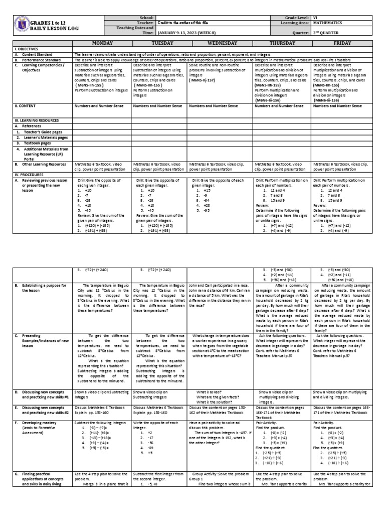 DLL - Mathematics 6 - Q2 - W8 | PDF | Subtraction | Elementary Mathematics