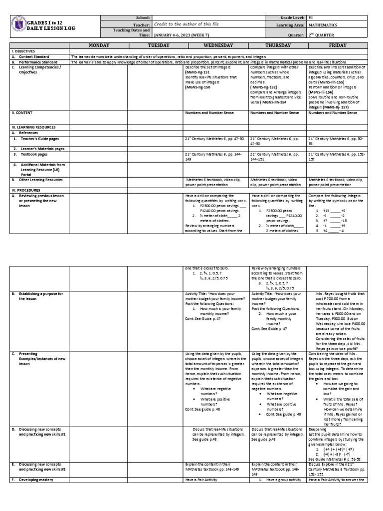 DLL - Mathematics 6 - Q2 - W7 | PDF | Numbers | Ratio