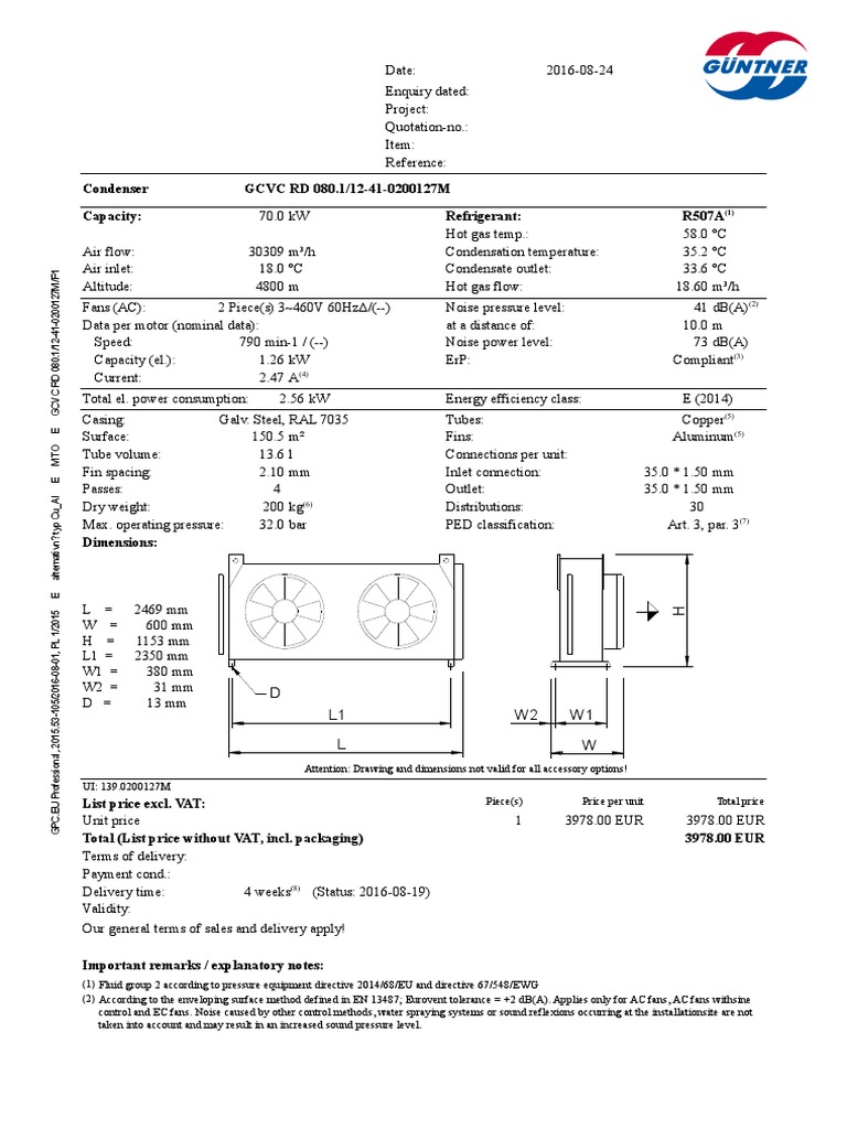 Technical Specifications and Quotation for a 70.0 kW Condenser with R507A Refrigerant | PDF ...