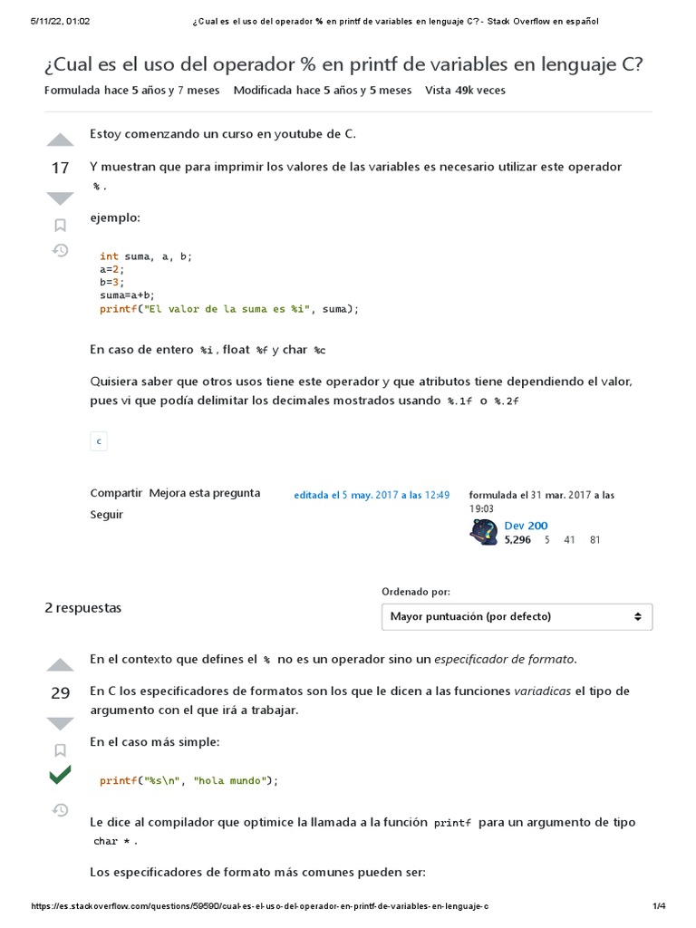 ¿Cual Es El Uso Del Operador % en Printf de Variables en Lenguaje C - Stack Overflow en Español ...