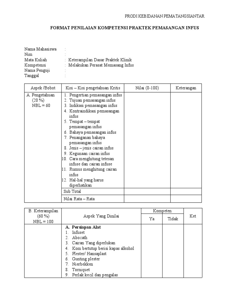 Format Kompetensi Memasang Infus | PDF