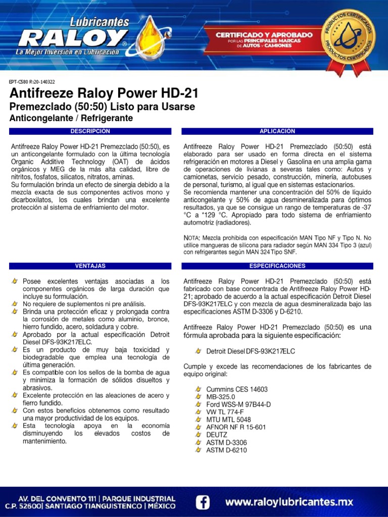 Anticongelante Raloy Power HD-21 50/50 | PDF