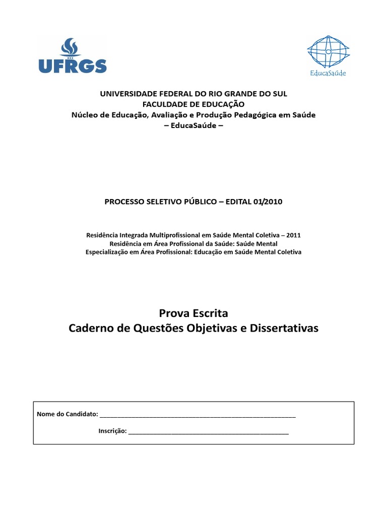 Prova UFRGS 2010 | PDF | Saúde mental | Psiquiatria