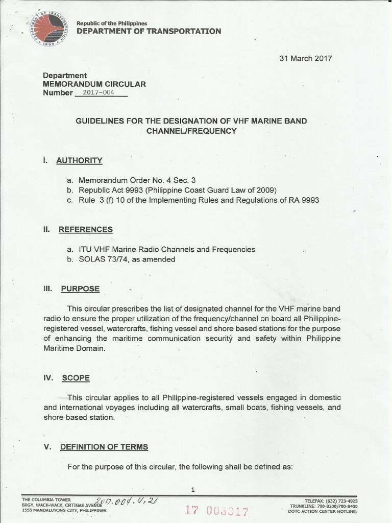 DOTR-MC 2017-004 PCG Marine Band Classifications | PDF