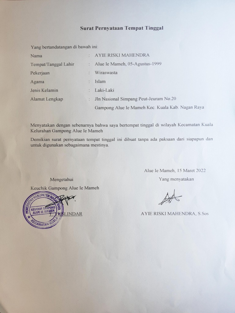 Surat Pernyataan Tempat Tinggal | PDF