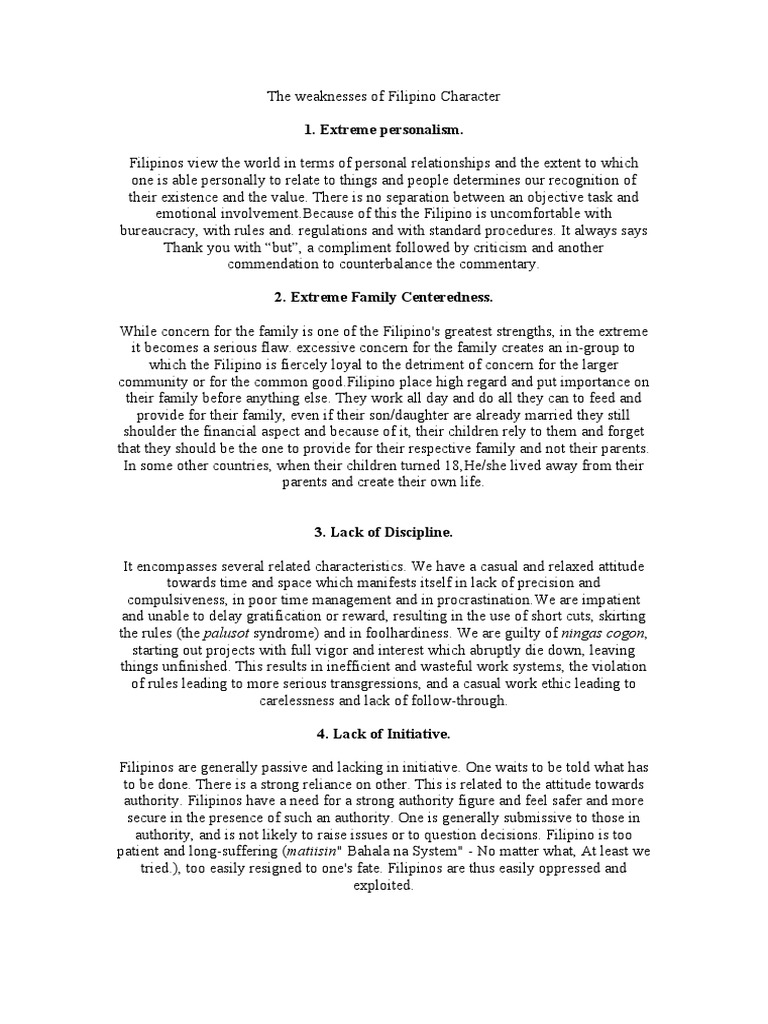 The Weaknesses of Filipino Character | PDF