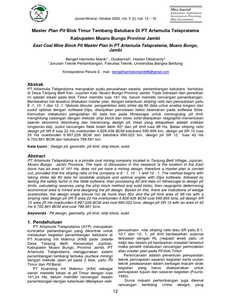 Master Plan Pit Blok Timur Tambang Batubara Di PT Artamulia Tatapratama Kabupaten Muaro Bungo ...