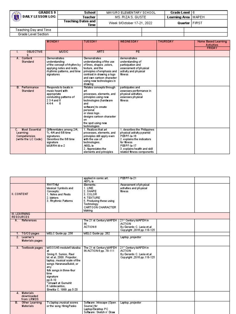 DLL - MAPEH 6 - Q1 - W10 (Recovered) | PDF | Physical Fitness | Learning