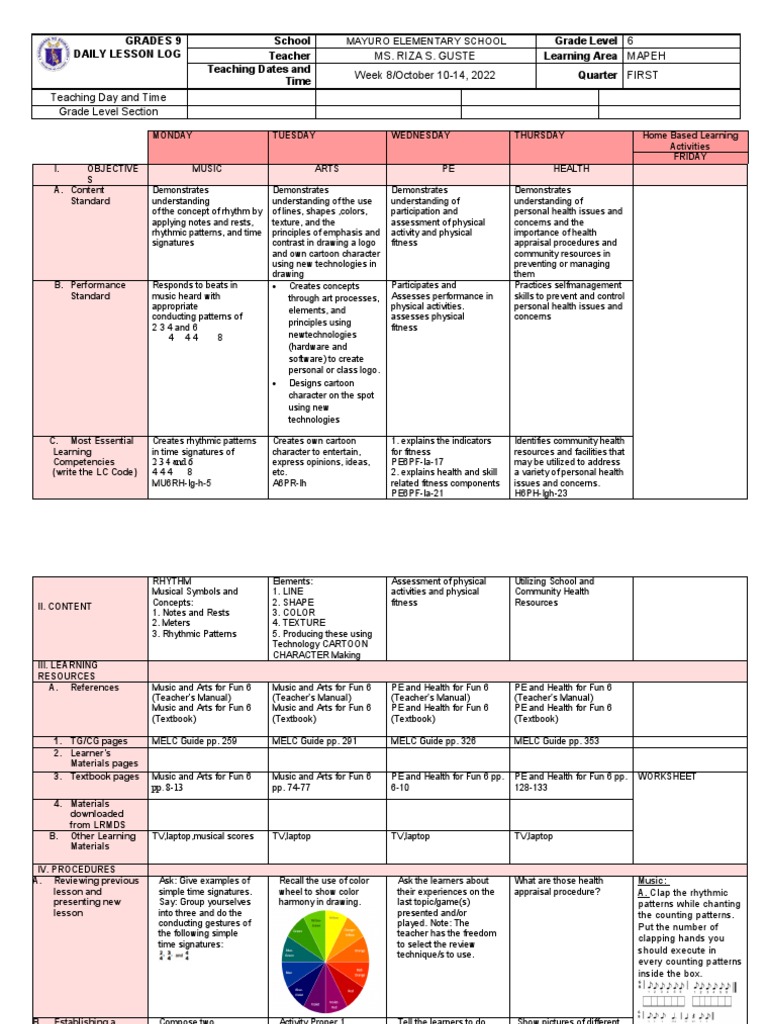 DLL - Mapeh 6 - Q1 - W8 | PDF | Rhythm | Learning