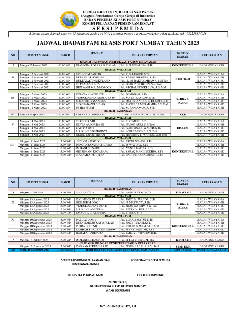 Jadwal Ibadah Pam Klasis 2023 | PDF