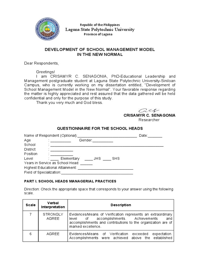 Questionnaire For The School Heads | PDF | Teaching Method | Teachers