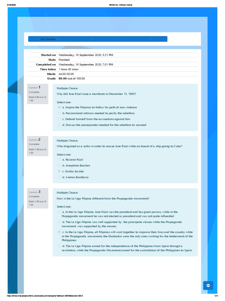 Midterm Exam Life and Works of Rizal 44over50 PDF | PDF | Philippines