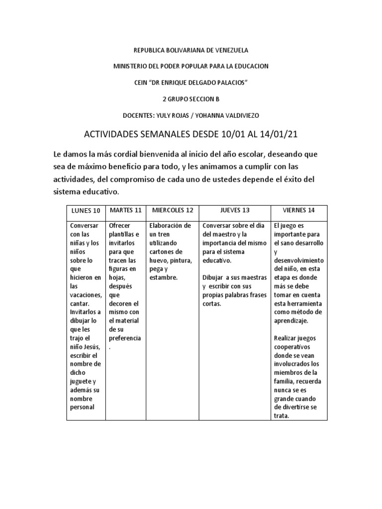 Planificacion Primera Semana de Enero | PDF