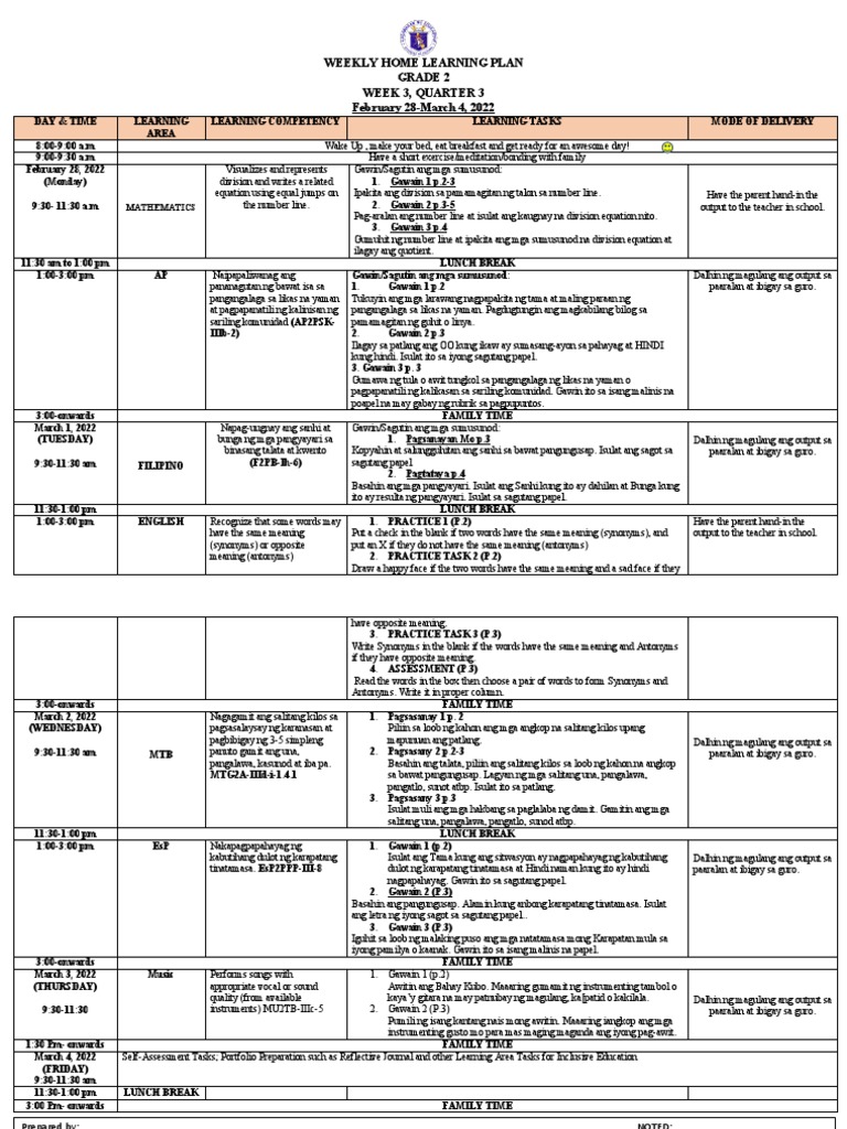 WEEKLY HOME LEARNING PLAn Grade 2 (AutoRecovered) | PDF