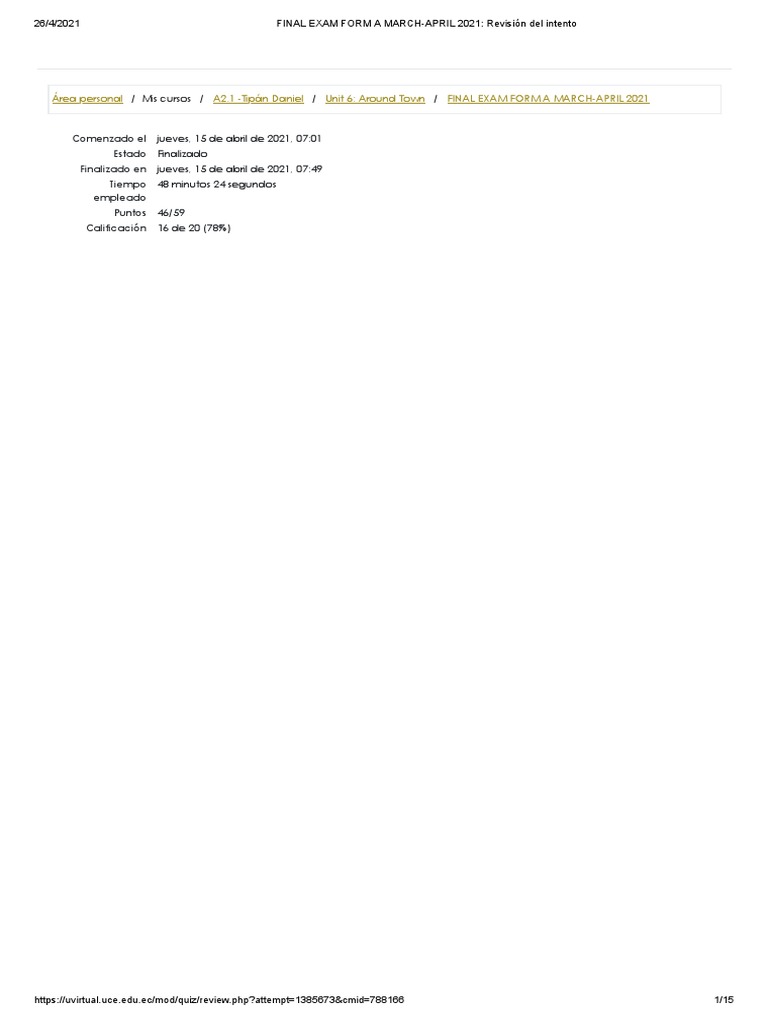 Final Exam Form A March-April 2021 - Revisión Del Intento | PDF Final Exam Form A March-April 2021 - Revisión Del Intento | PDF