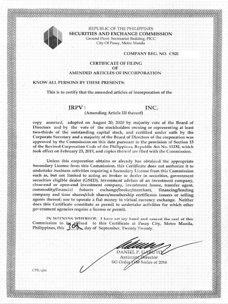 Sample - Amended SEC Articles, Change Address | PDF | Business