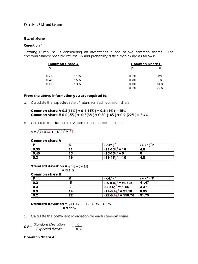 Exercise T4 Risk and Return | PDF | Beta (Finance) | Risk Premium