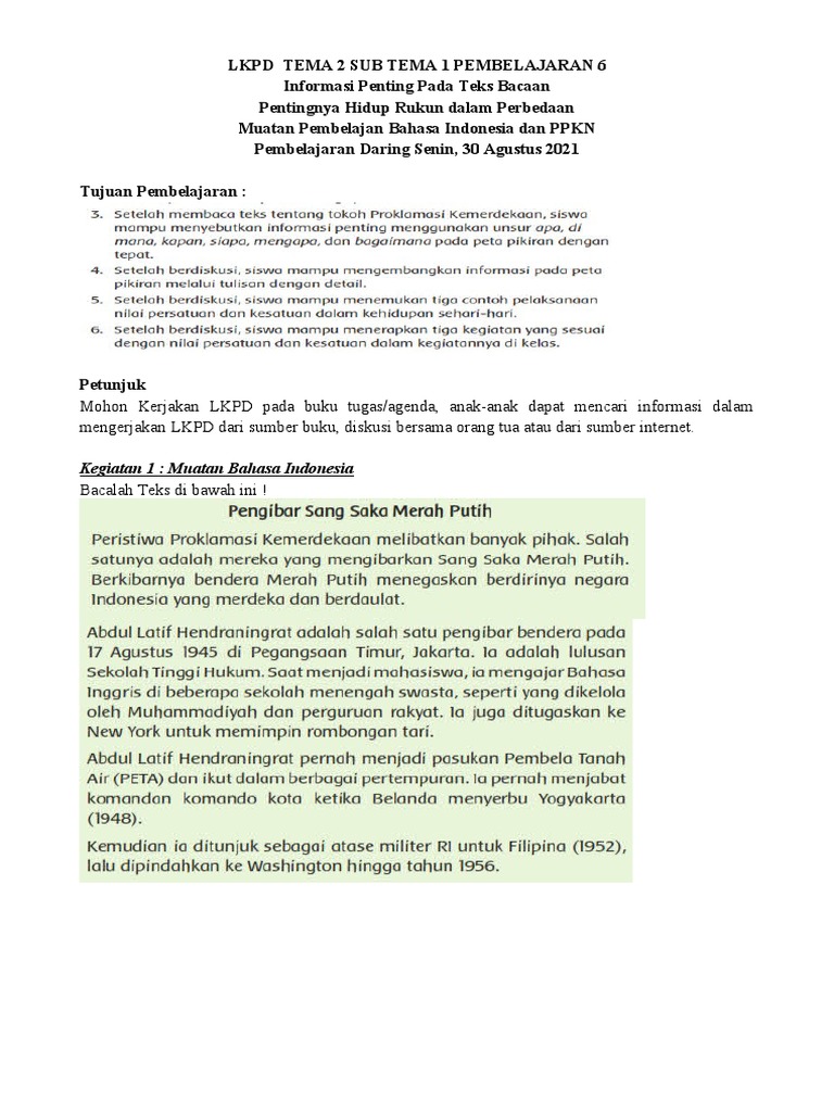 LKPD Tema 2 Sub Tema 1 Pembelajaran 6 | PDF