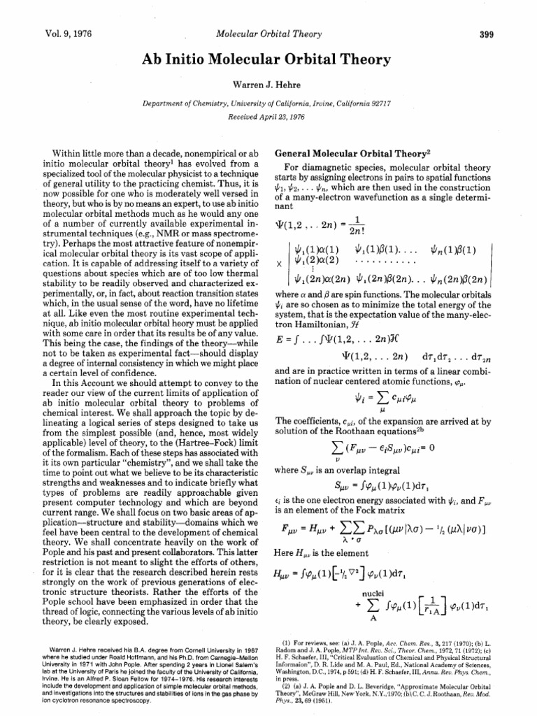 Ab Initio Molecular Orbital Theory Warren Hehre Pdf Chemical