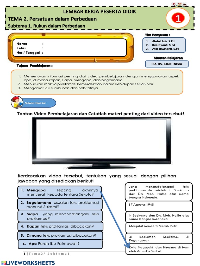 LKPD Worksheet Tema 2 ST1 PB1 | PDF