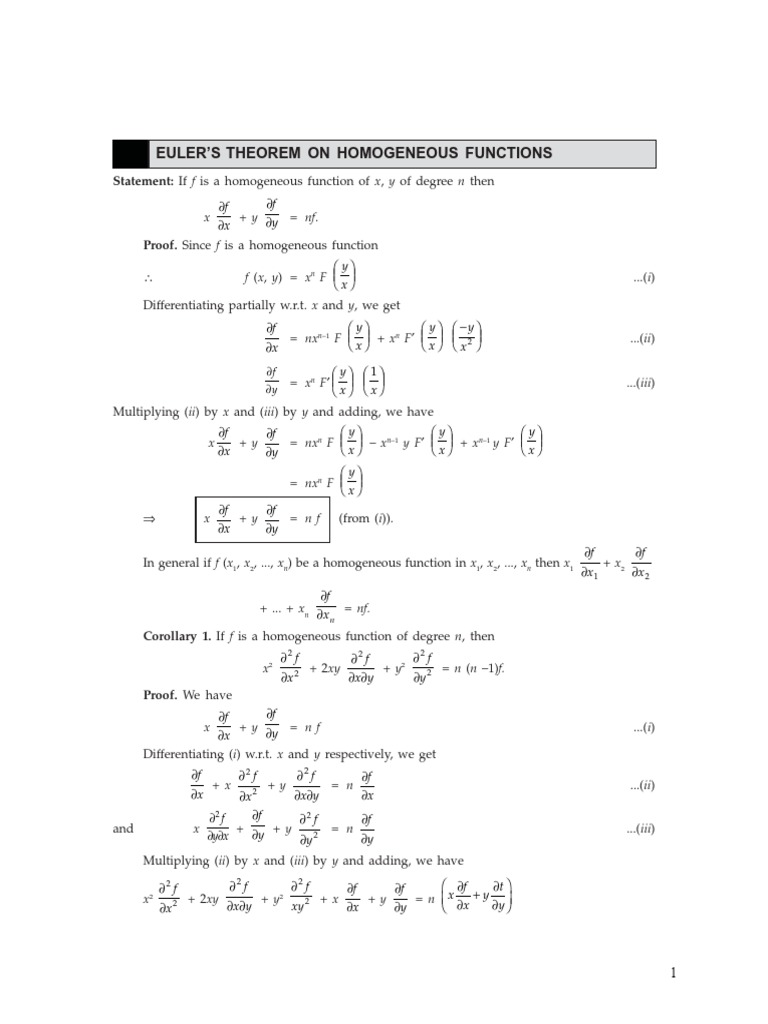 Euler's Theorem on Homogeneous Functions: A Rigorous Proof of an Important Relationship Between ...