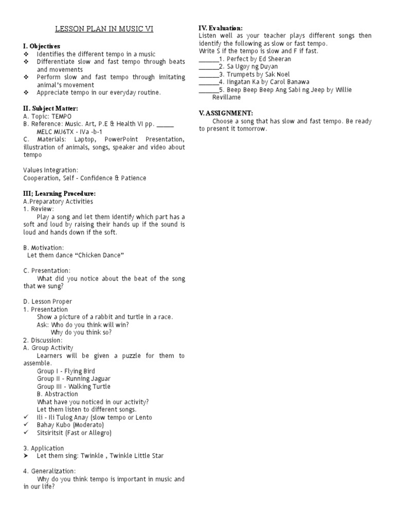 Lesson Plan in Music VI | PDF | Tempo | Cognition